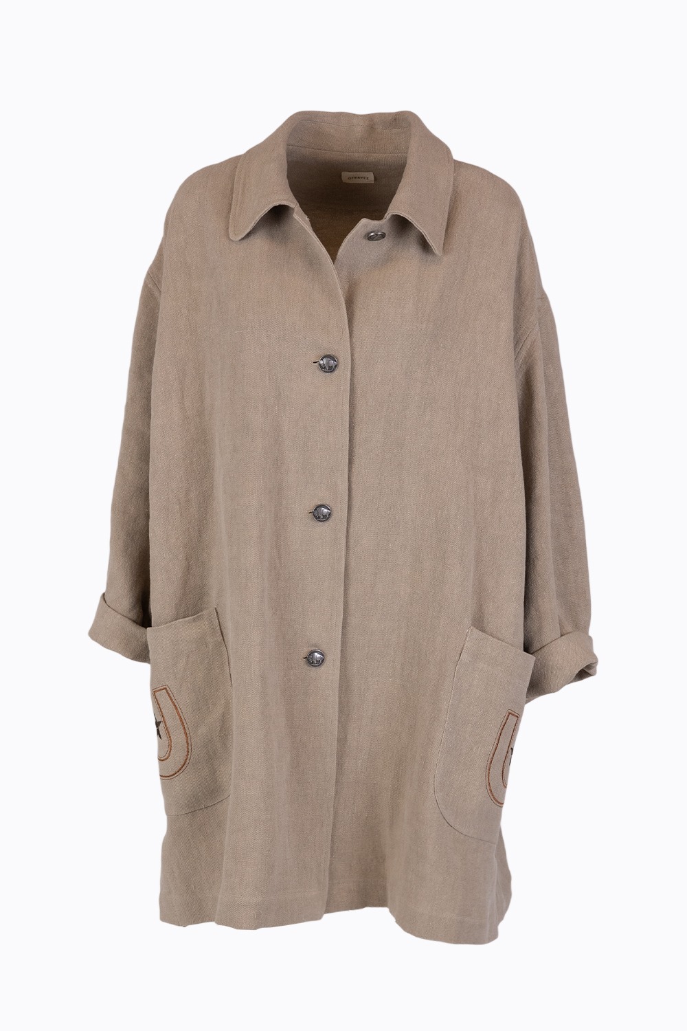 Over Duster Coat in Linen with Embroidery – Hazelnut – Otra Vez